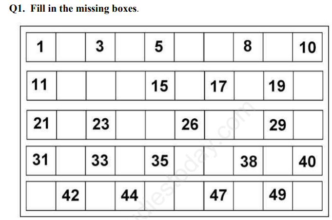 CBSE Class 1 Maths Fill in the boxes Assignment CBSE Class 1 Maths Fill in the boxes Assignment